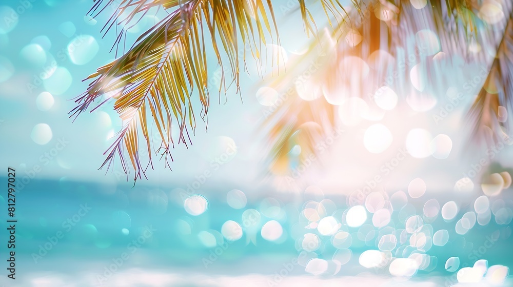 Abstract seascape with palm tree tropical beach background blur bokeh ...