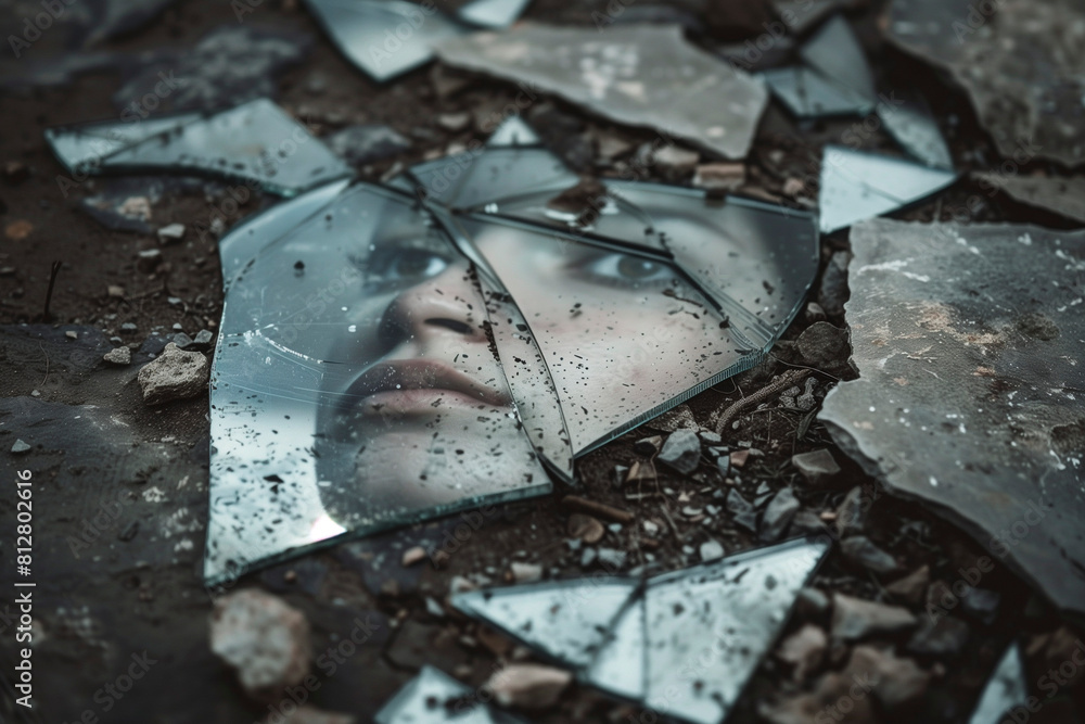An photo of shattered glass lying on the ground, reflecting fragmented ...