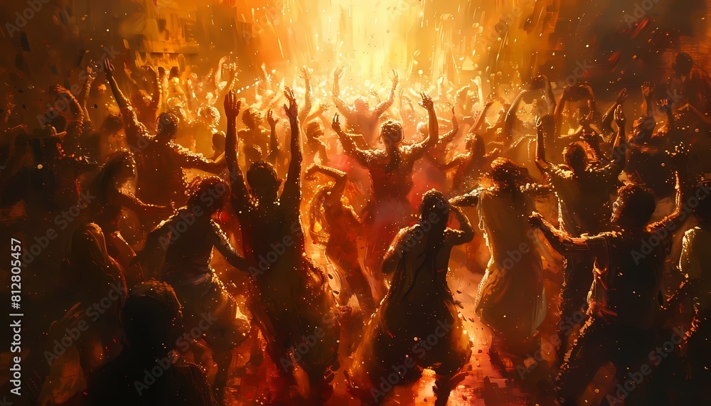 A painting depicting a group of people dancing and celebrating in a ...