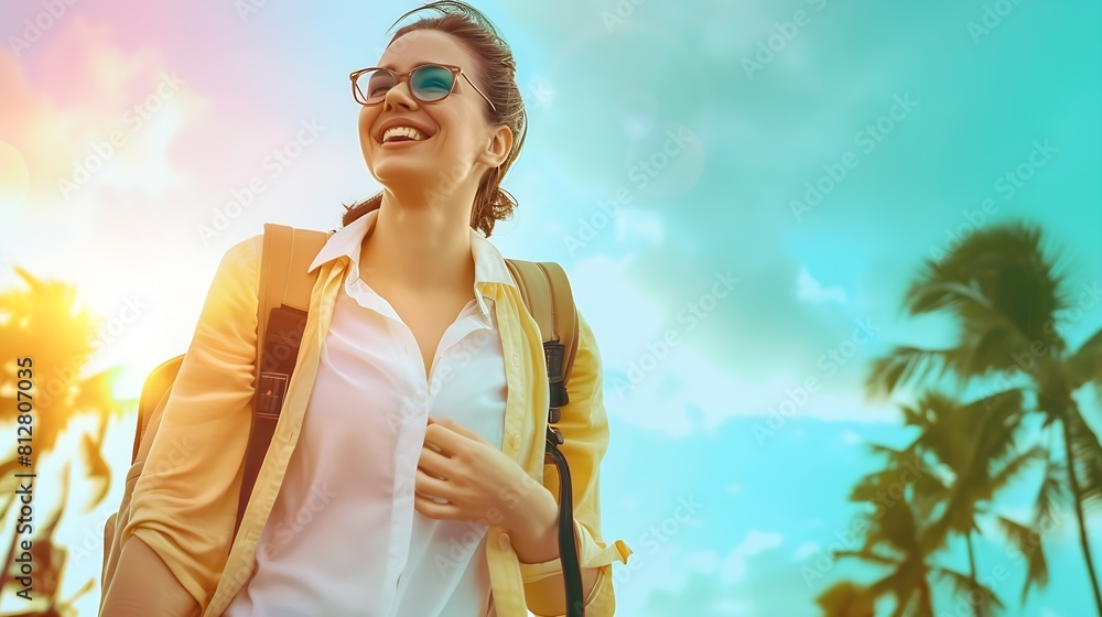 Escaping from work to summer vacation Cheerful smiling businesswoman ...