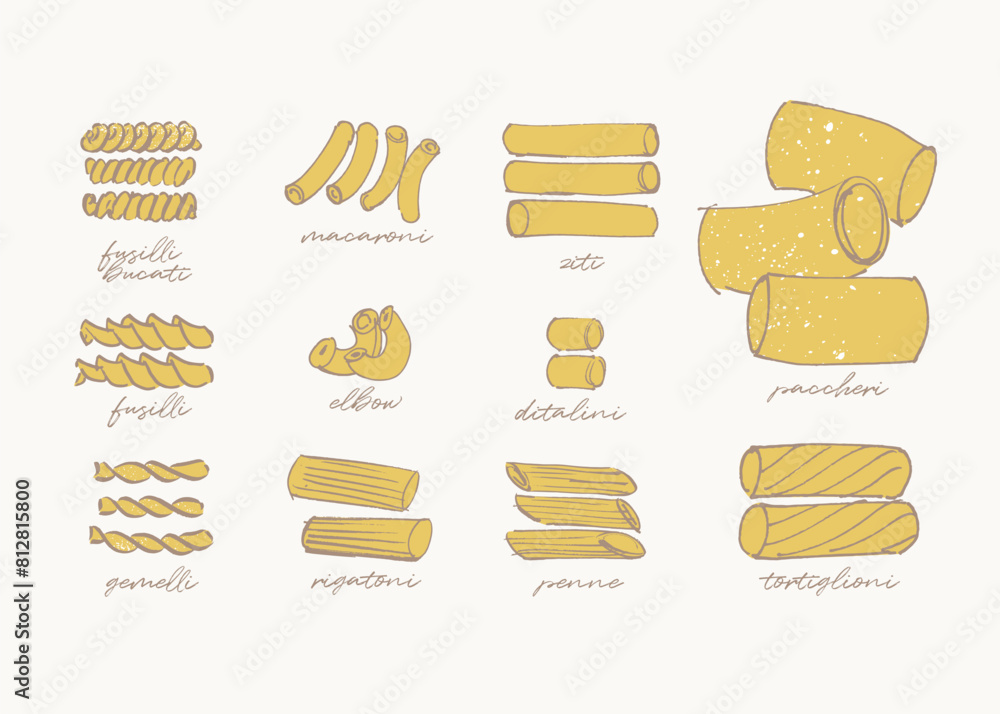Abstract sketchy drawing of different pasta types, tubular and twisted ...