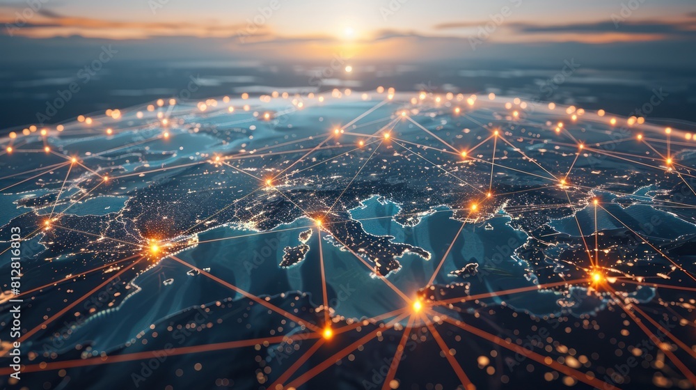 The image is a visualization of a computer network. It shows a globe ...