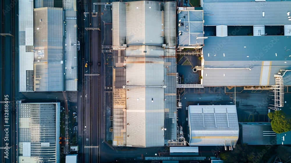 Aerial view of factory roof sheds revealing the architectural layout ...