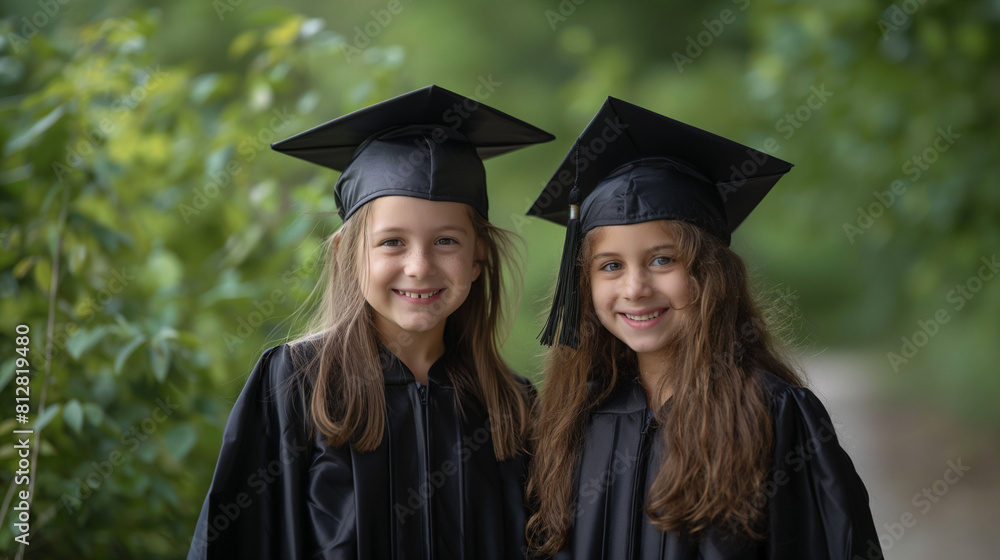 School graduation kids wearing caps and gowns on blurred background ...
