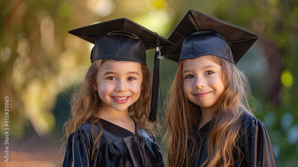 School graduation kids wearing caps and gowns on blurred background ...