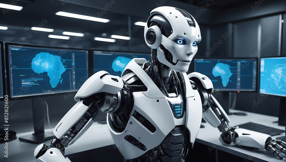 A strong artificial intelligence robot sitting at a desk with a ...