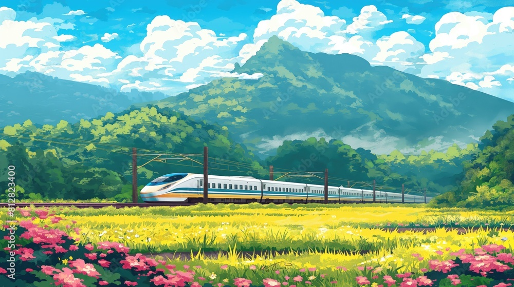 High-Speed Train Passing Through Vibrant Spring Flower Fields, Modern ...