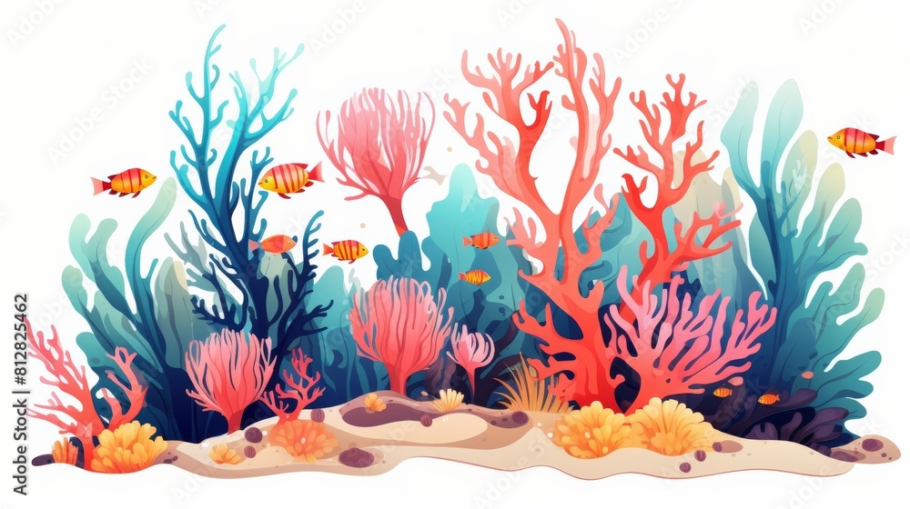 Aquatic life in coral reefs flat design top view underwater theme ...