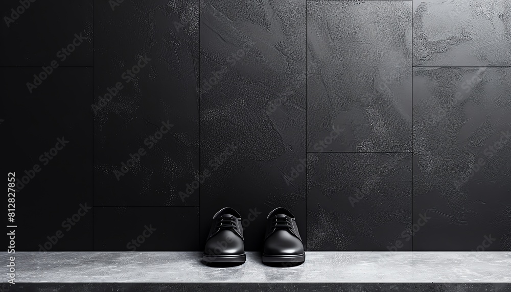 Designer shoes arranged on a concrete podium against a brushed metal ...