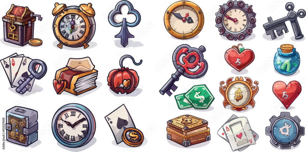 Game icons with key, clock, playing cards, money and gear. Vector ...