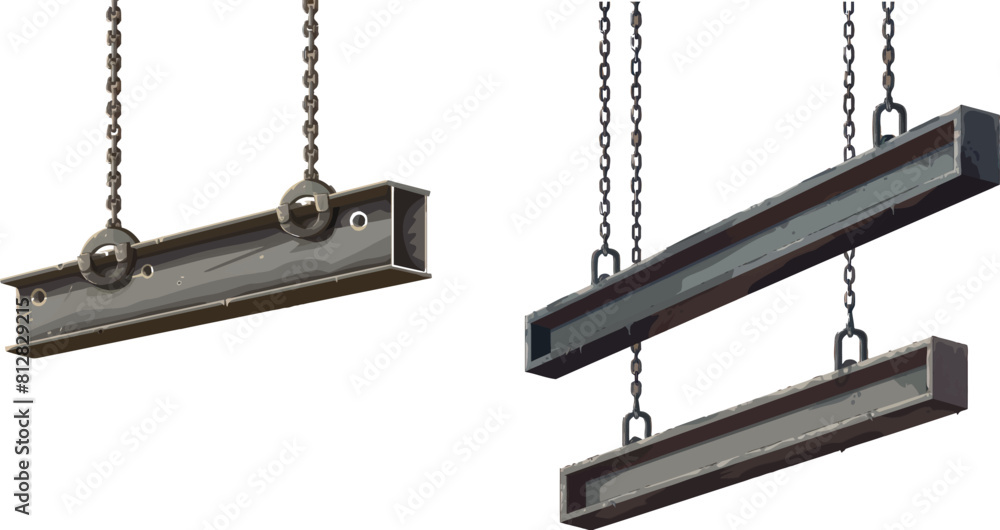 Steel beams, straight metal industrial girder pieces hanging on chains ...