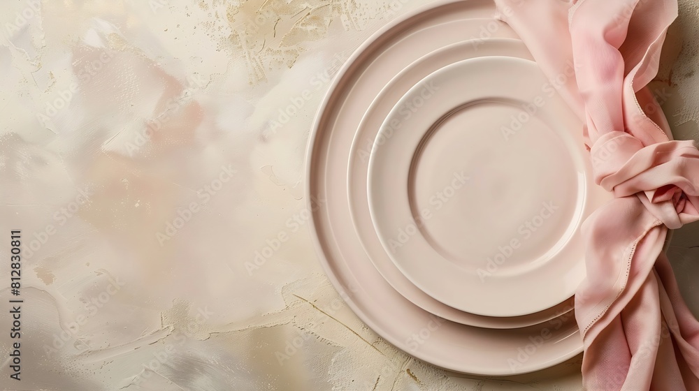 Beige ceramic plates and a pink napkin on a beige stone table Top view ...