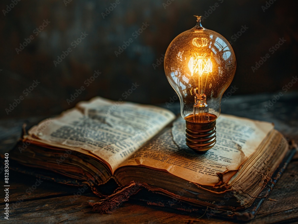 Antique Edison Lightbulb Glowing over Open Book: A Symbol of Wisdom and ...