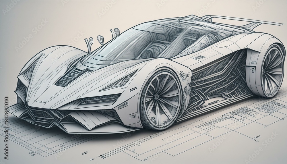 sketch of a detailed super sport car: in the technical drawing I want ...