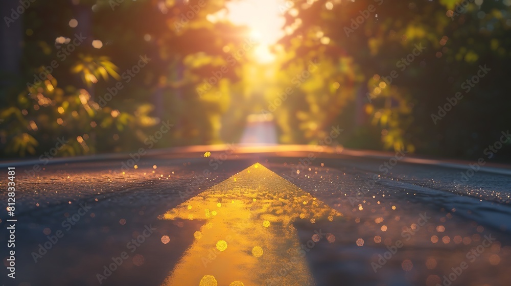 Creative road arrow on beautiful landscape background with mock up ...