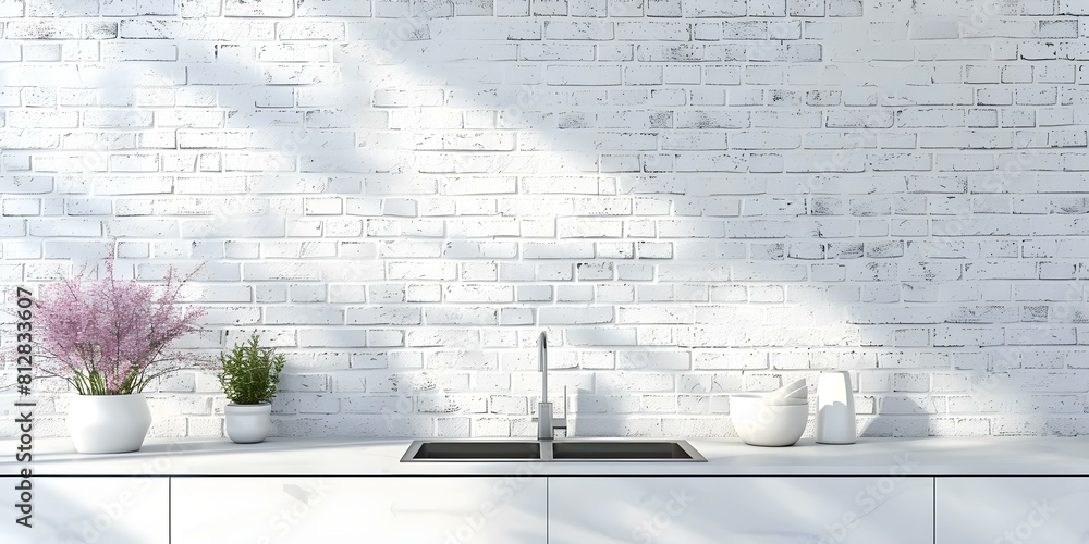 Closeup of modern kitchen with white brick walls and counters mockup ...