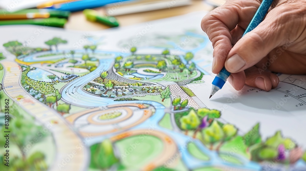 paper sheet of layout plan with hands and garden background that shown ...