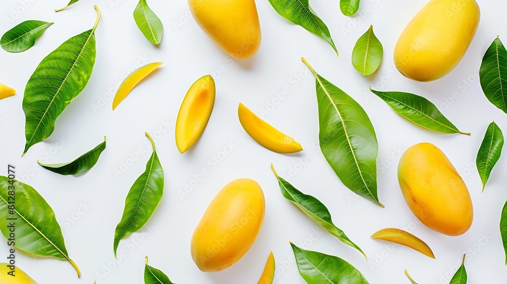 Creative layout made of mango and leaves Flat lay Food concept Mango on ...