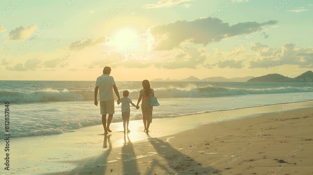 Happy summer and walking family on the beach for travel bonding and ...