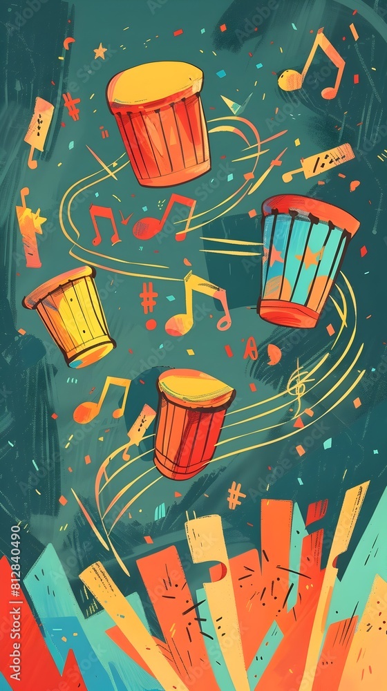 Vibrant Digital of Rhythmic Percussion Instruments on Colorful ...