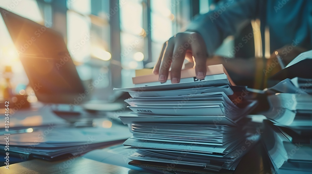 Pile of presentation brochure document concept Businessman hands ...