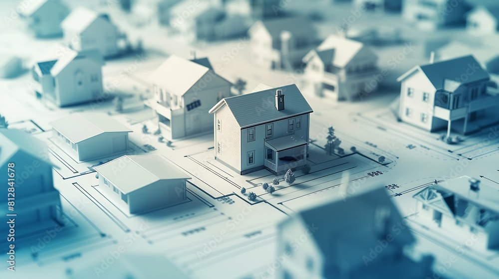 architectural model of houses on blueprint draw isolated on white ...