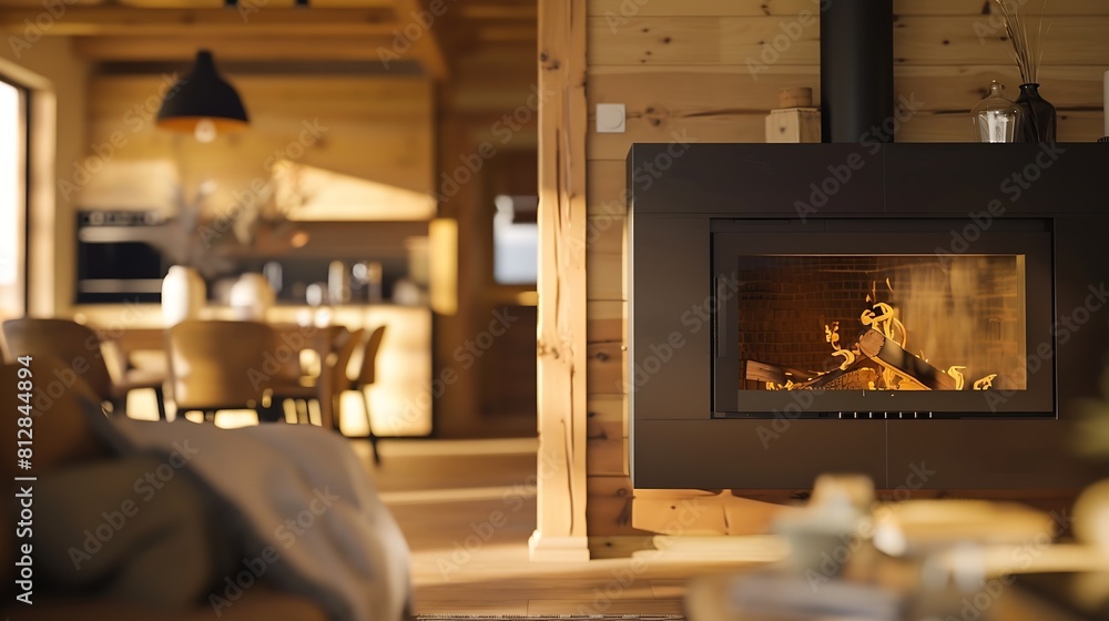 cozy warm home interior of a chic country house with an open plan wood ...