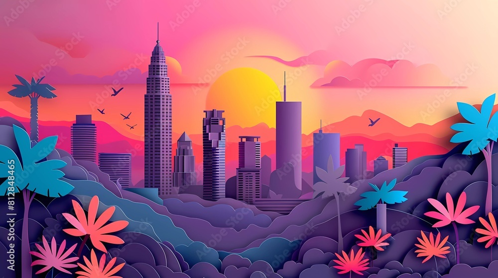 Create a paper cut out style illustration of a city skyline with a ...