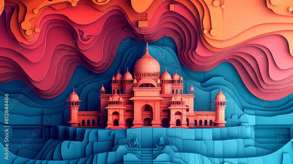 Create a 3D illustration of a palace. The palace should be made of pink ...