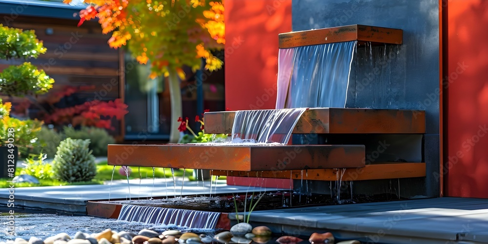Contemporary outdoor water feature in garden with large banner for text ...