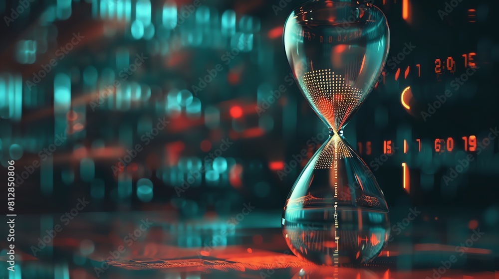 An hourglass timer sits on a reflective surface. The sand inside the ...