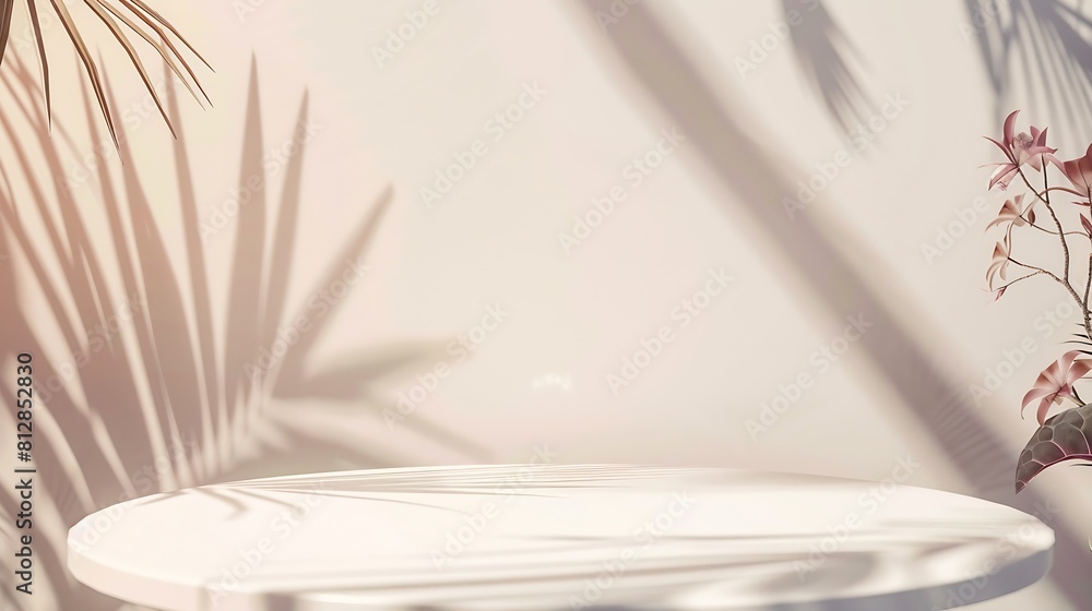 White table and abstract geometric wall background with flowers and ...