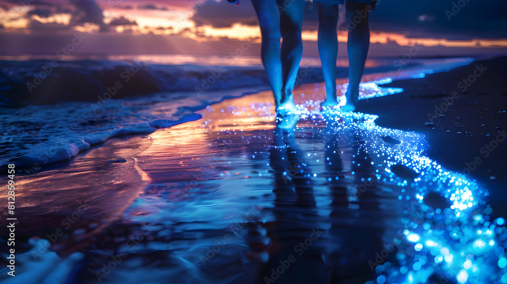 Couples Night Walk on Bioluminescent Beach with Glowing Footsteps ...