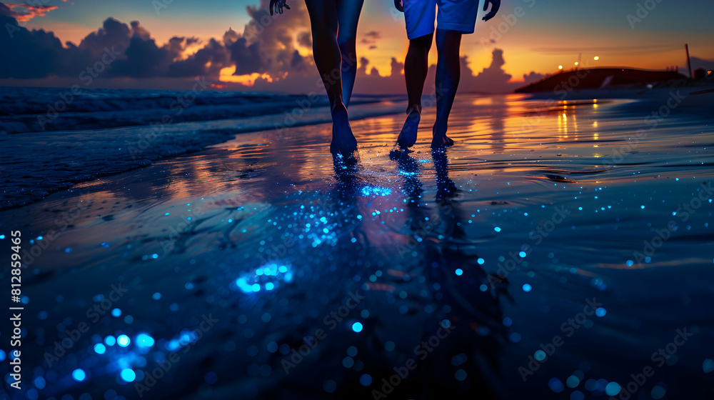 Couples Romantic Night Walk on Bioluminescent Beach Glowing Footsteps ...