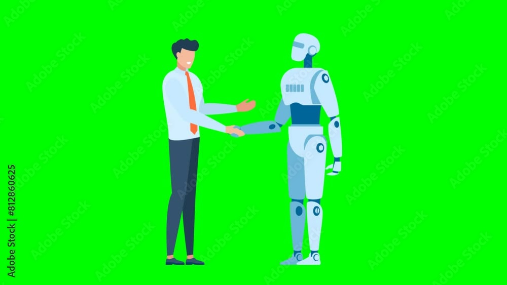 Handshake between man and robot on the green background. Man shaking ...