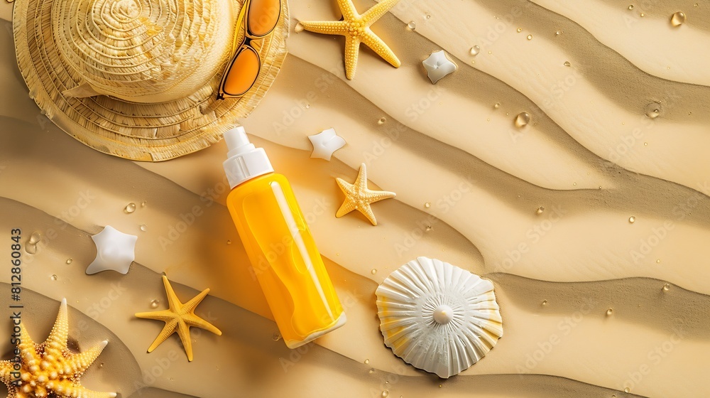 Summer travel beach flat lay composition copy space Hat sunglasses ...