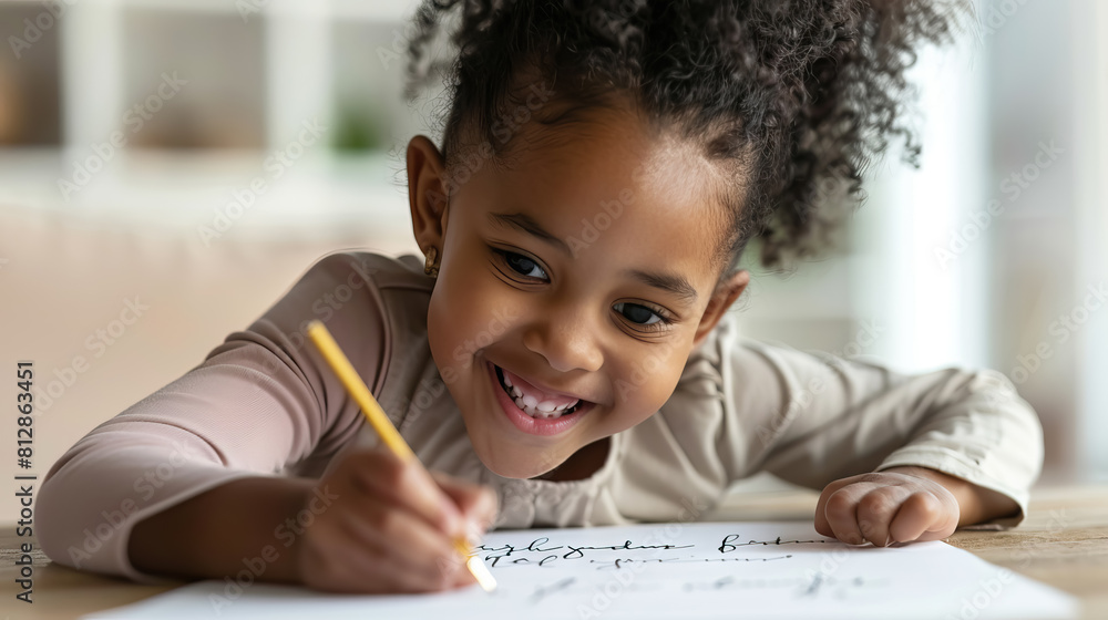 smiling happily black american girl aged 3 writing on plain paper with ...