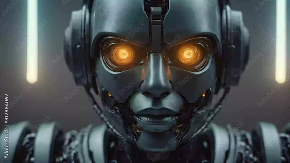 Combat robot in military metal armor. Futuristic cyborg security guard ...