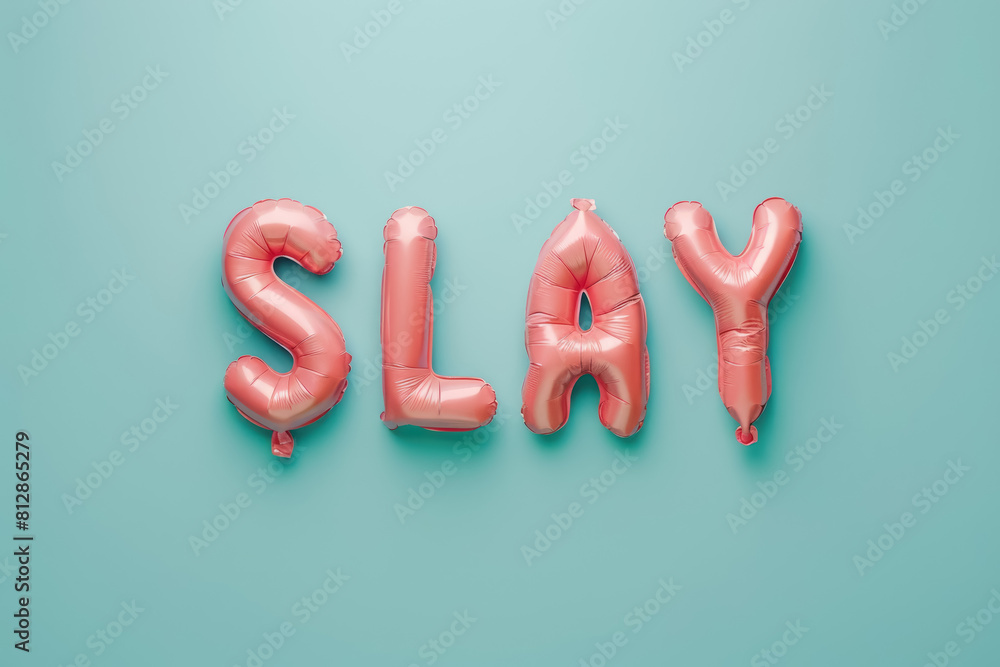 pastel pink "slay" balloon letters on teal background for celebrations ...