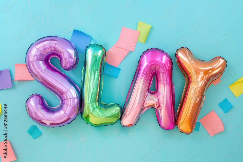 colorful slay balloon letters with party confetti on teal background ...