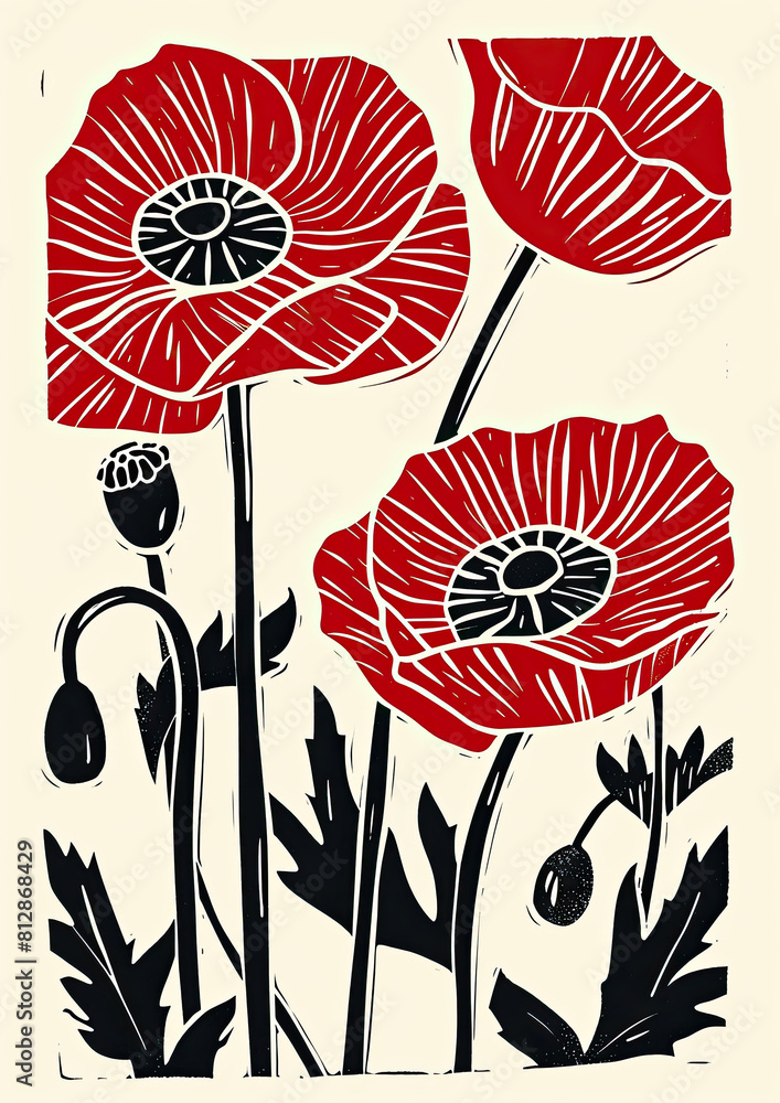 Red Poppies Field linocut Illustration as Remembrance Day peaceful ...