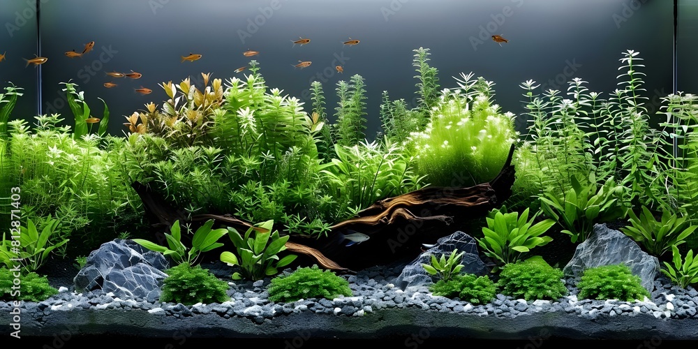 Aquarium with plants driftwood rocks fish creating a harmonious ...