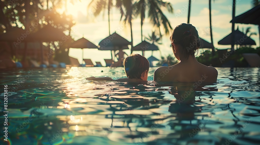 Mother and son relaxing in outdoor swimming pool of tropical resort Mom ...