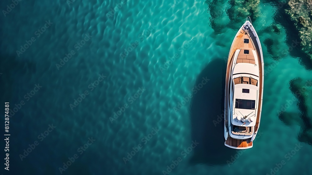 Yacht on the water surface from top view Turquoise water background ...