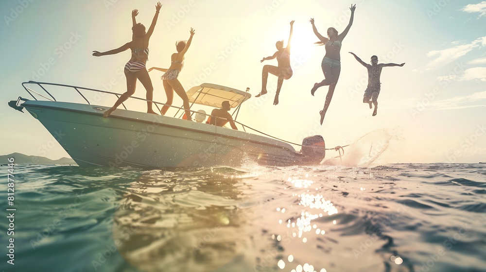 Multiracial friends jumping out of boat in the sea while having fun in ...