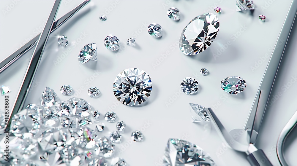 layout of jewelry tools and diamonds of different cuts and sizes on ...