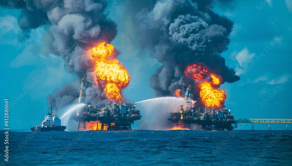 Fire accident at petroleum plant with sky background representing the ...