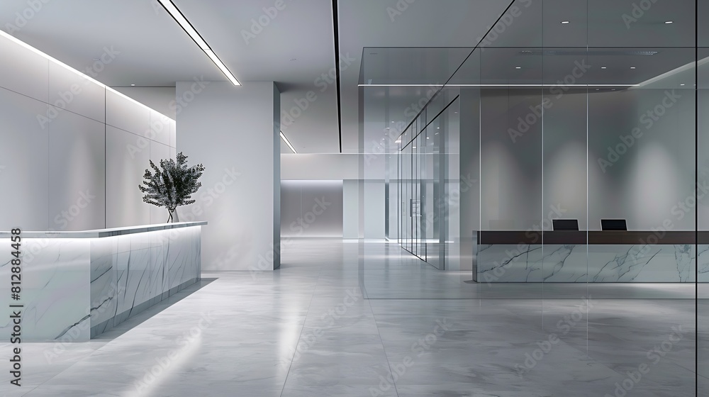 Modern office space featuring sleek glass partitions overhead linear ...