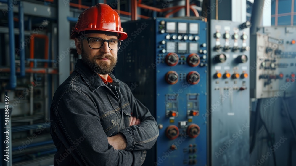 Portrait of proud smiling electrical engineer with hard hat in front of ...