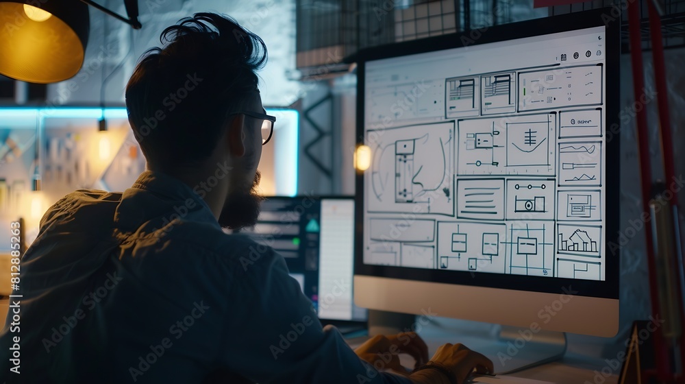 Website development UIUX front end designer reviewing sketched wireframe layout design mockup ...
